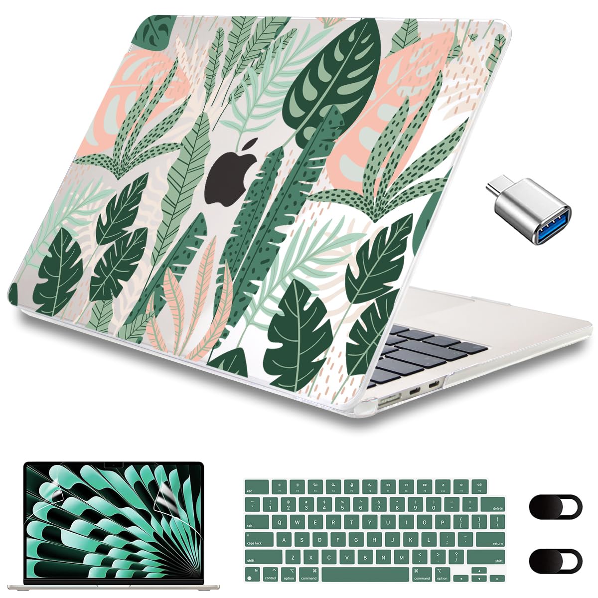 CISSOOK for MacBook Air 15 inch M3 M2 Case 2024 2023 Release A3114 A2941, Tropical Hard Shell Case with Keyboard Cover Skin + Type C to USB Adapter for MacBook Air 15 2024, Tropical Palm Leaves