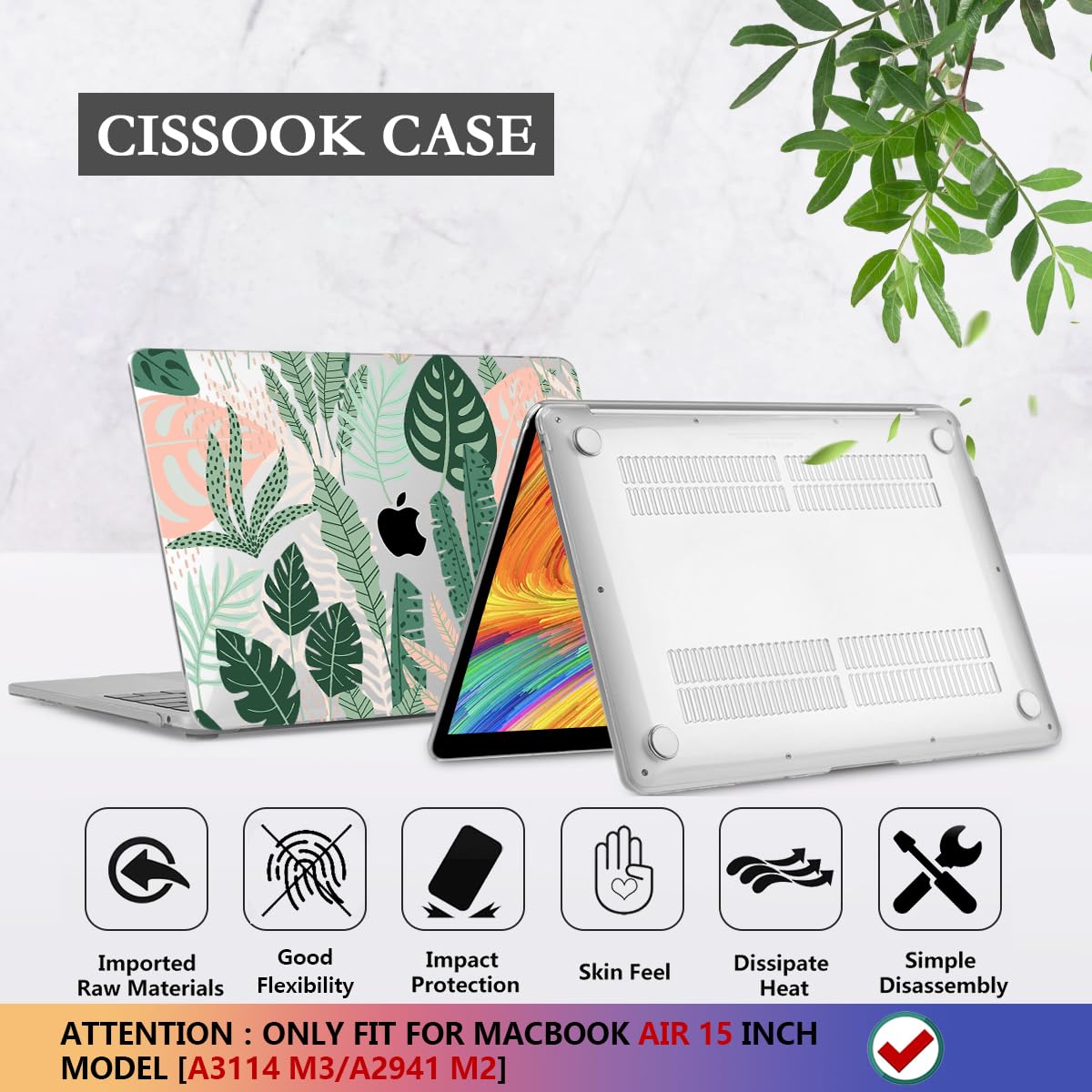 CISSOOK for MacBook Air 15 inch M3 M2 Case 2024 2023 Release A3114 A2941, Tropical Hard Shell Case with Keyboard Cover Skin + Type C to USB Adapter for MacBook Air 15 2024, Tropical Palm Leaves