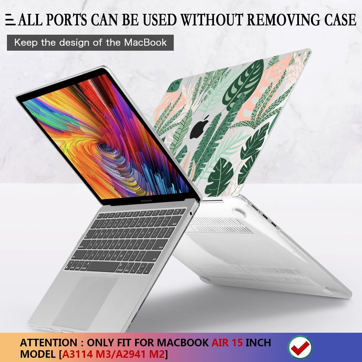 CISSOOK for MacBook Air 15 inch M3 M2 Case 2024 2023 Release A3114 A2941, Tropical Hard Shell Case with Keyboard Cover Skin + Type C to USB Adapter for MacBook Air 15 2024, Tropical Palm Leaves