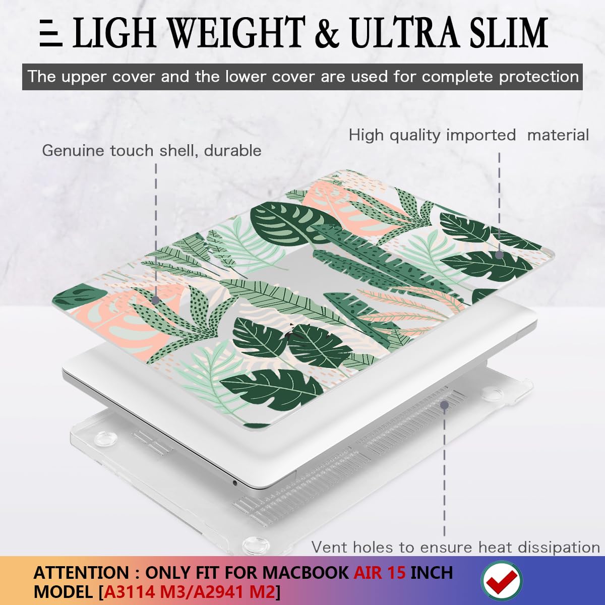 CISSOOK for MacBook Air 15 inch M3 M2 Case 2024 2023 Release A3114 A2941, Tropical Hard Shell Case with Keyboard Cover Skin + Type C to USB Adapter for MacBook Air 15 2024, Tropical Palm Leaves