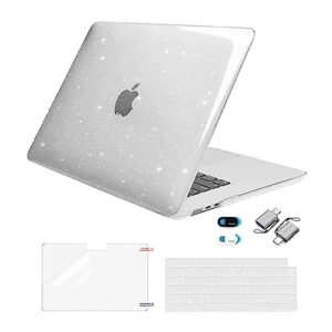 mosiso compatible with macbook air 15 inch case 2023 2024 release m3 a3114 m2 a2941, sparkly glitter plastic hard shell&keyboard cover&screen protector&webcam cover&type c adapter 2 pack, transparent