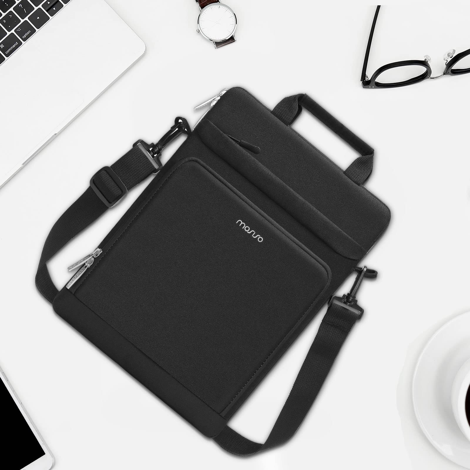 MOSISO Vertical Laptop Shoulder Bag Compatible with MacBook Air/Pro,13-13.3 inch Notebook,Compatible with MacBook Pro 14 2023-2021 A2779 M2 A2442 M1 with Front Raised Pockets&Fix Handle&Belt, Black