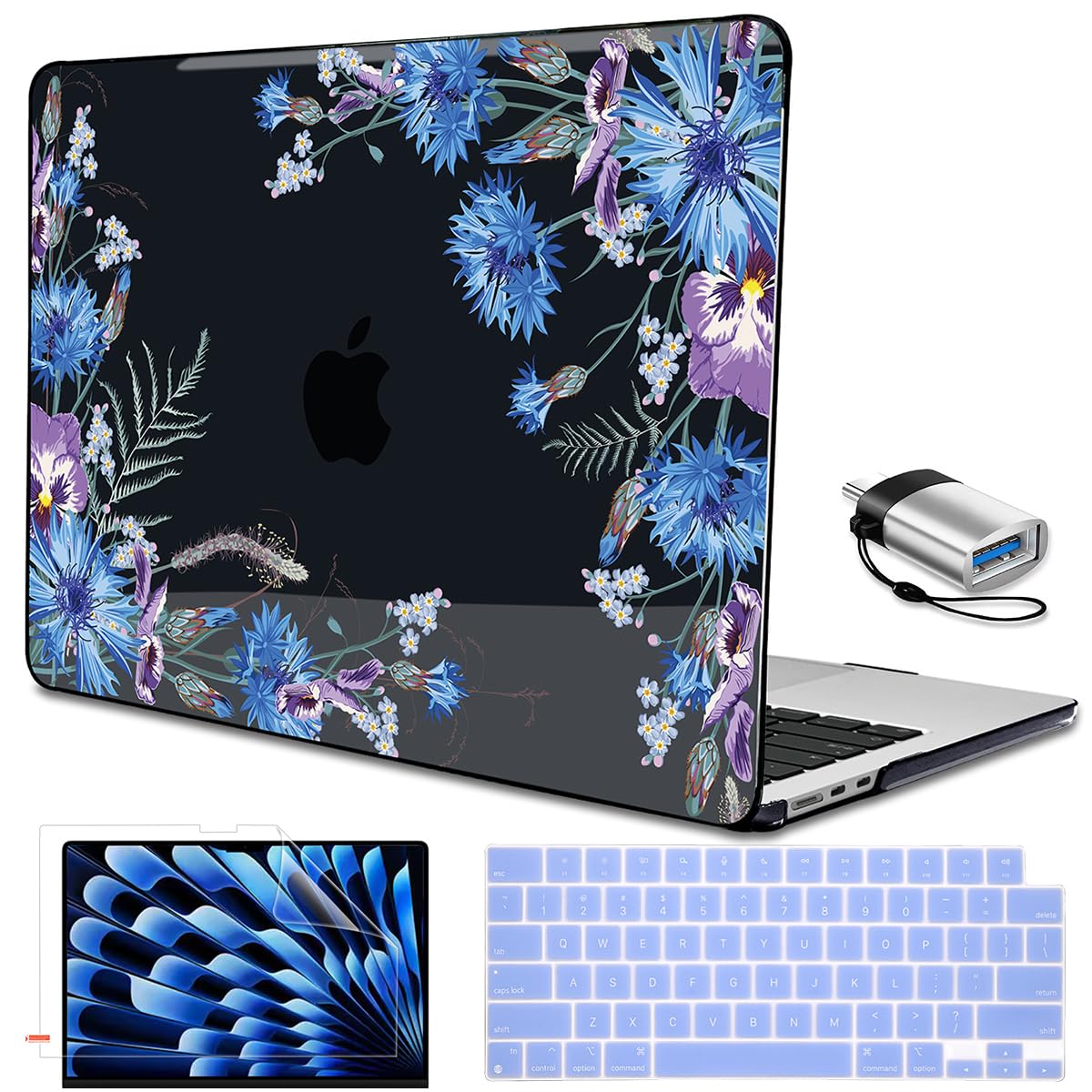 LCMOCICO for MacBook Air 15 inch Case 2024 2023 M2 M3 Chip A3114 A2941 with Liquid Retina Display & Touch ID, Plastic Hard Shell Case Keyboard Cover for Mac Air 15.3 M3 2024, Wild Cornflower Black