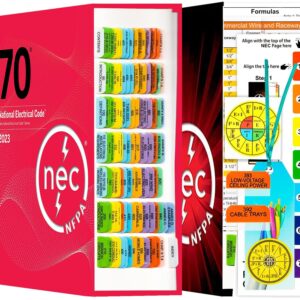 nec code book tabs 2023/2020 (book not included) 112 pcs nec tabs, laminated color coded for national electrical code 2023, with wire chart/formula guide/ohm's law stickers/alignment guide/bookmarker