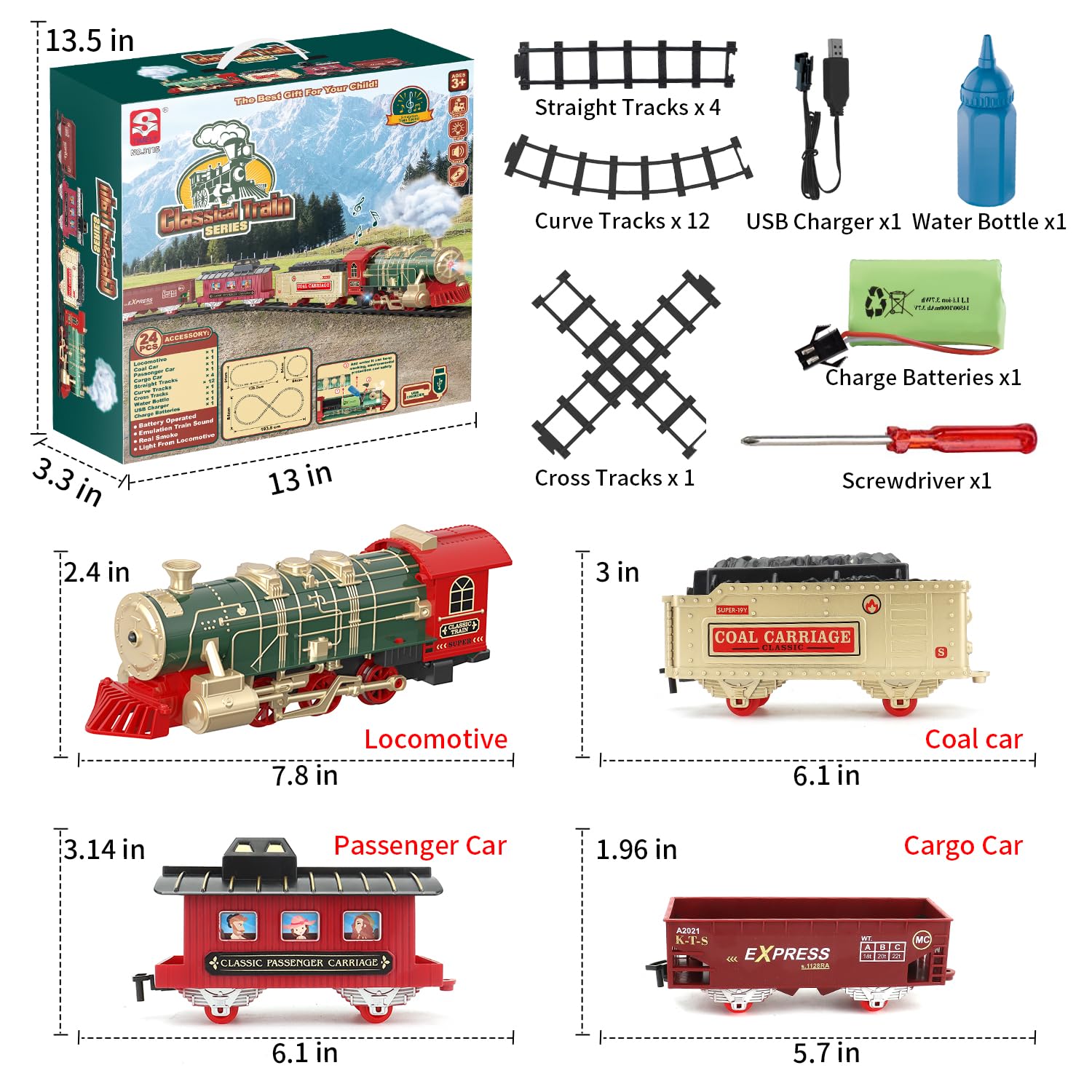 JUQU Train Set - Electric Train Toys w/Smoke, Light and Sounds, Toddler Train Sets for Boys 2-4 4-7 w/Steam Locomotive Engine,Carriages and Tracks, Christmas Train Gift for 3 4 5 6 7 8+ Year Old Kids