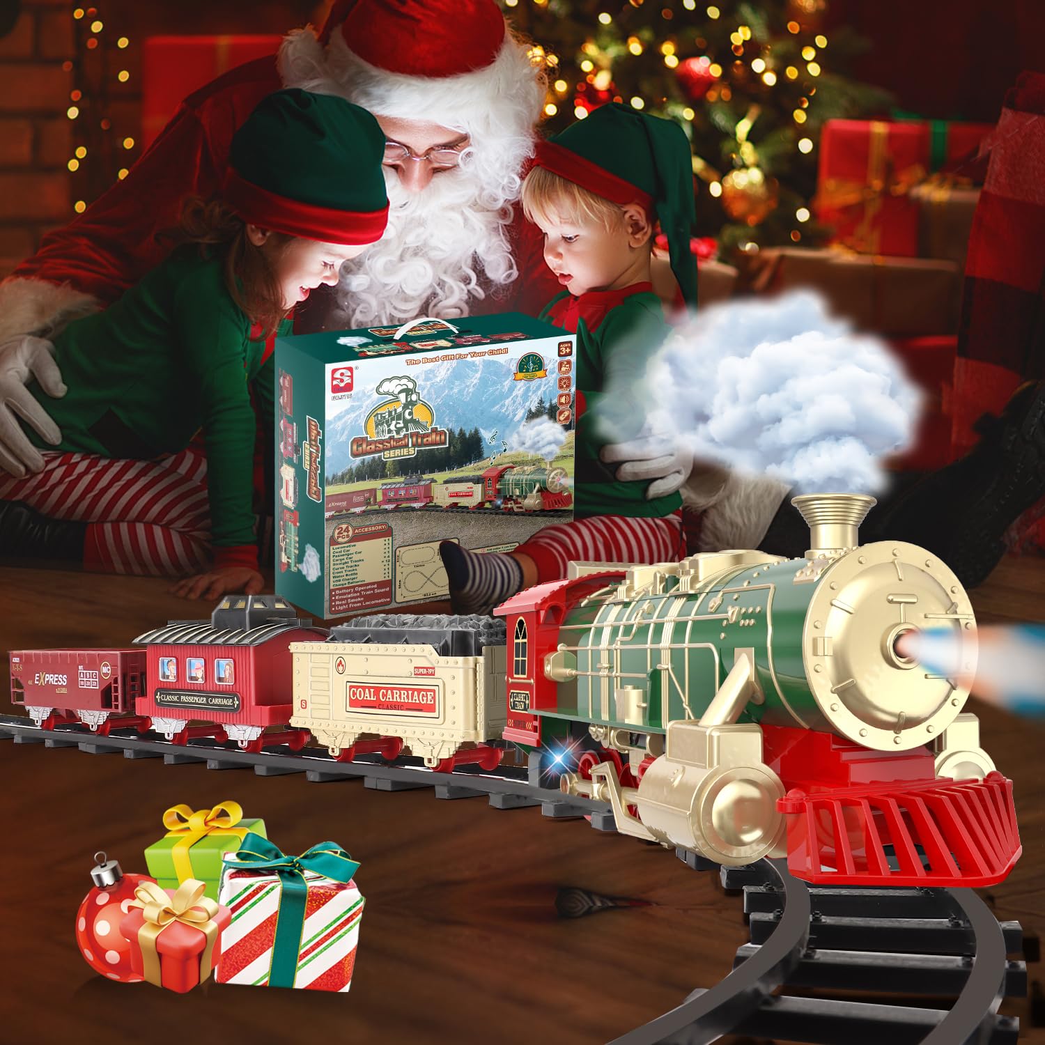 JUQU Train Set - Electric Train Toys w/Smoke, Light and Sounds, Toddler Train Sets for Boys 2-4 4-7 w/Steam Locomotive Engine,Carriages and Tracks, Christmas Train Gift for 3 4 5 6 7 8+ Year Old Kids