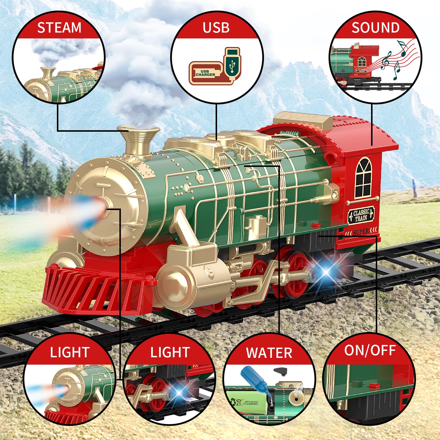 JUQU Train Set - Electric Train Toys w/Smoke, Light and Sounds, Toddler Train Sets for Boys 2-4 4-7 w/Steam Locomotive Engine,Carriages and Tracks, Christmas Train Gift for 3 4 5 6 7 8+ Year Old Kids