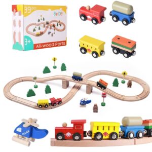 betdef wooden train set,39 pcs-with all-wood train tracks with double sided wooden tracks and color box for 3+ year old boys and girls toddler-fits thomas brio melissa and doug… (39pc)