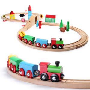 sainsmart jr. wooden train set for toddler with double-side train tracks fits brio, thomas, melissa and doug, kids wood toy train for 3,4,5 year old boys and girls