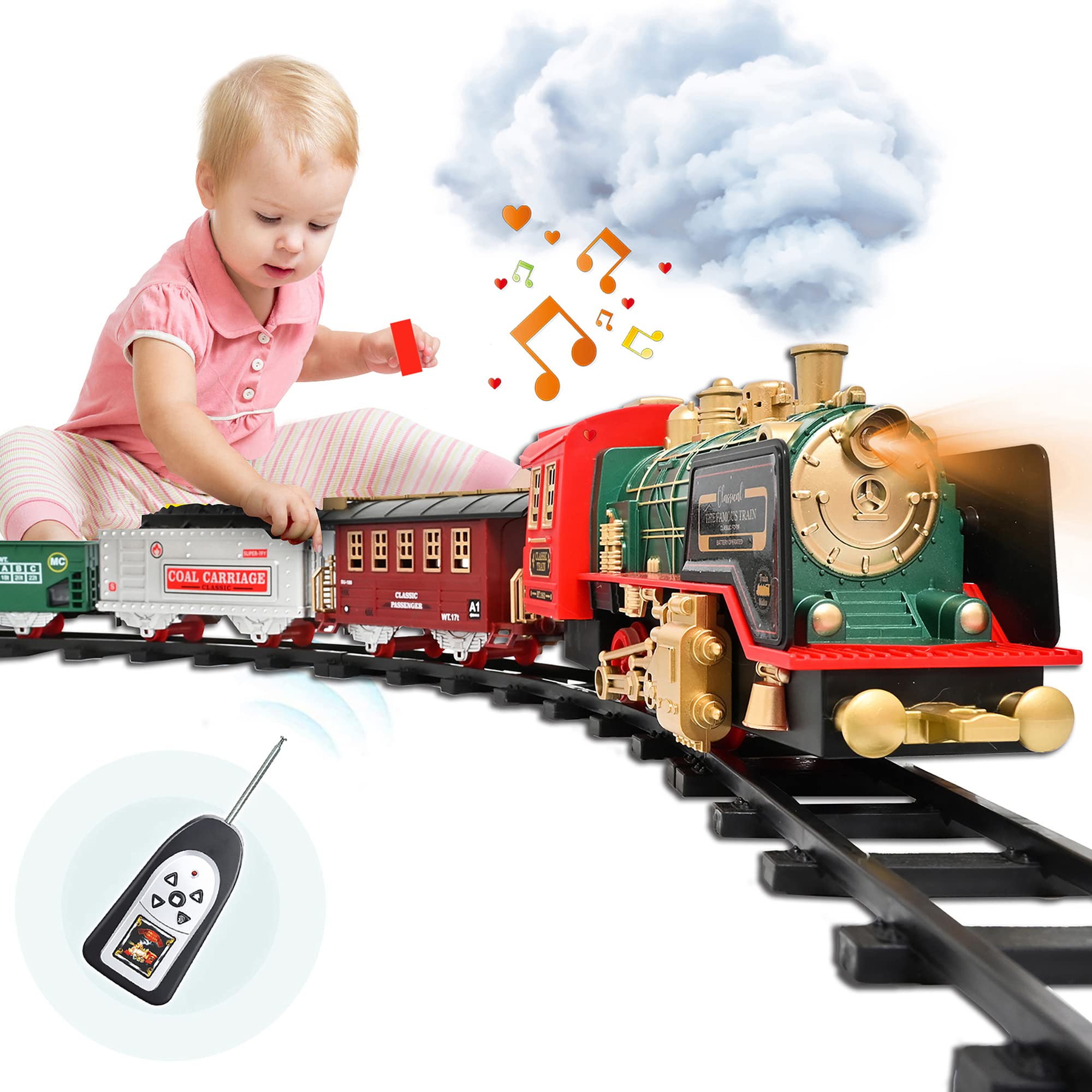 Fortikpo Train Set - Rechargeable Battery and Remote - Around The Christmas Tree with Water Steam, Music & Lights - Electric Train Toy Gift Toys for Age 3 4 5 6 7 8+ Kids Toddlers