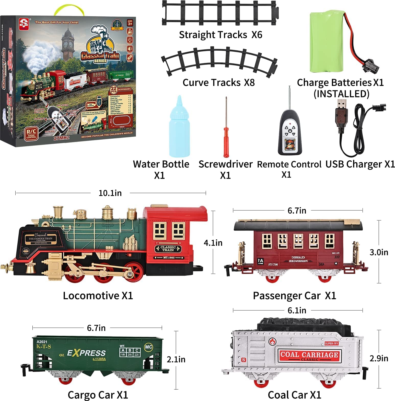 Fortikpo Train Set - Rechargeable Battery and Remote - Around The Christmas Tree with Water Steam, Music & Lights - Electric Train Toy Gift Toys for Age 3 4 5 6 7 8+ Kids Toddlers