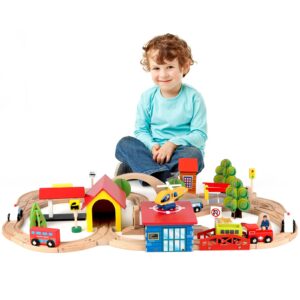 qilay 69 pcs wooden train set -premium wood train tracks & trains toys for toddlers 3,4,5 years old, expandable train toys railway kits for girls boys, fit all major bands train tracks set