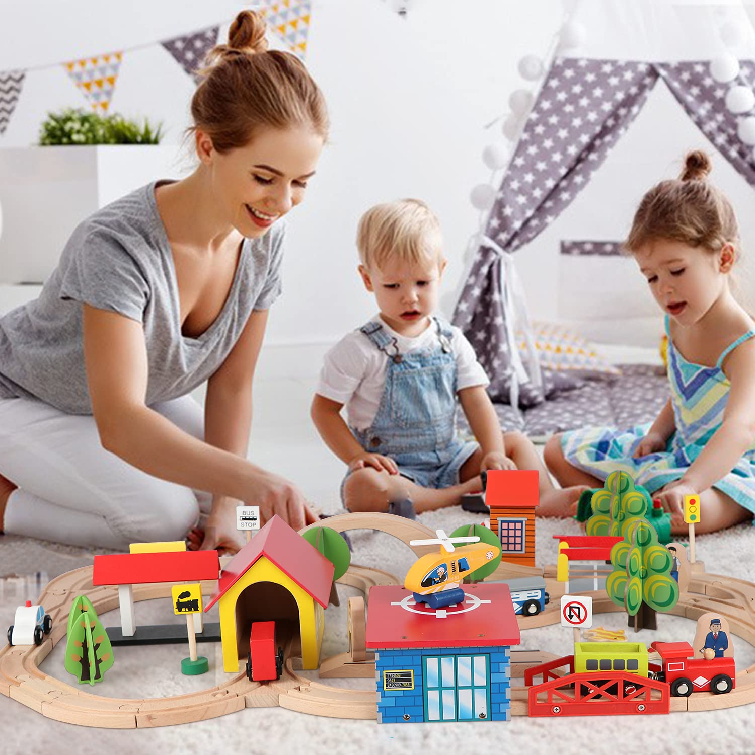 Qilay 69 PCS Wooden Train Set -Premium Wood Train Tracks & Trains Toys for Toddlers 3,4,5 Years Old, Expandable Train Toys Railway Kits for Girls Boys, Fit All Major Bands Train Tracks Set