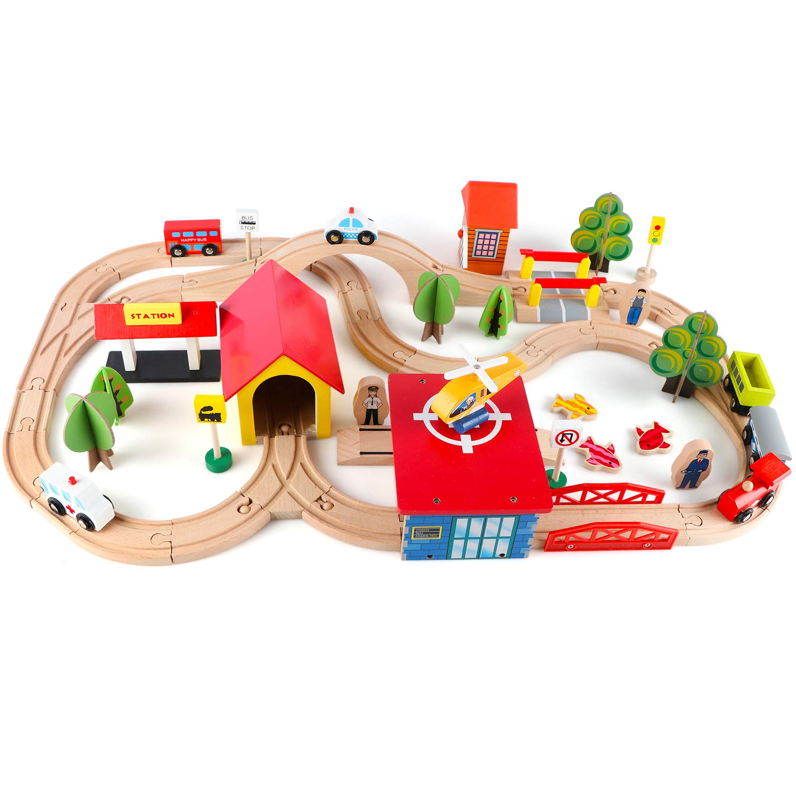 Qilay 69 PCS Wooden Train Set -Premium Wood Train Tracks & Trains Toys for Toddlers 3,4,5 Years Old, Expandable Train Toys Railway Kits for Girls Boys, Fit All Major Bands Train Tracks Set