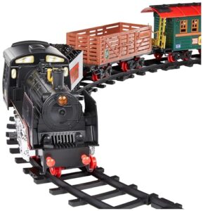 amazon basics remote control steam engine hobby train set with tender and gondola and caboose smoking, working light and realistic sounds age 3 or up perfect for kids, multicolor