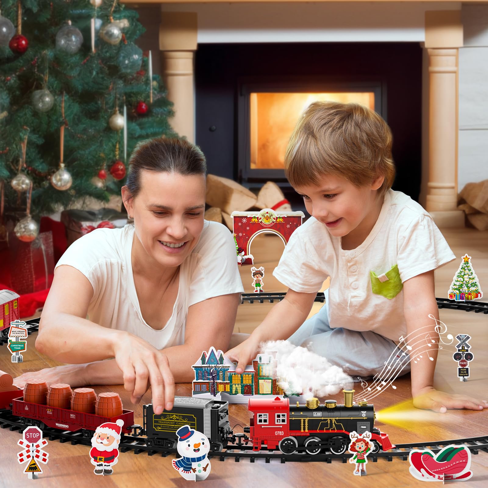 Lucky Doug Train Set Toys for Kids, Christmas Train Sets Toys for Kids W/Smokes, Light & Sound Include 6 Car and 28 Tracks, Christmas Train Set Toys Birthday Gifts for 3 4 5 6 Year Old Boys Girls