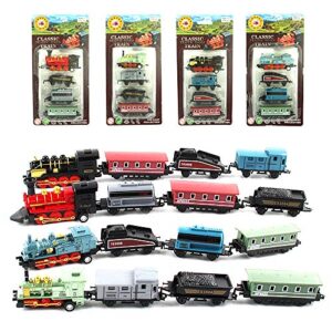 corper toys mini train toy die-cast pull back steam train model set assorted styles for kids boys - 4 packs (16 pieces)