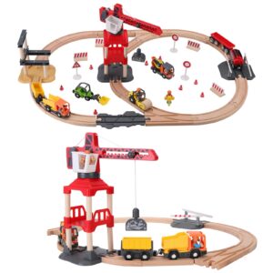 winb wooden train tracks 70pcs & construction site wooden train track, gift packed toy railway kits for kids, toddler boys and girls premium wood construction toys-fits 70pcs