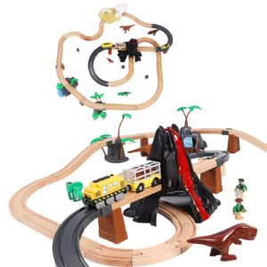 winb wooden train set 80pcs & dinosaur wooden train track set, gift packed toy railway kits for kids, toddler boys and girls 3,4,5 years old and up– premium wood dinosaur wooden train track-fits