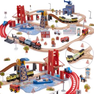 giant bean 117 pcs busy port city train set for kids- expandable & changeable wooden train tracks set toddler toy, gift for boys and girls ages 3+, fits for thomas the train, brio, melissa & doug