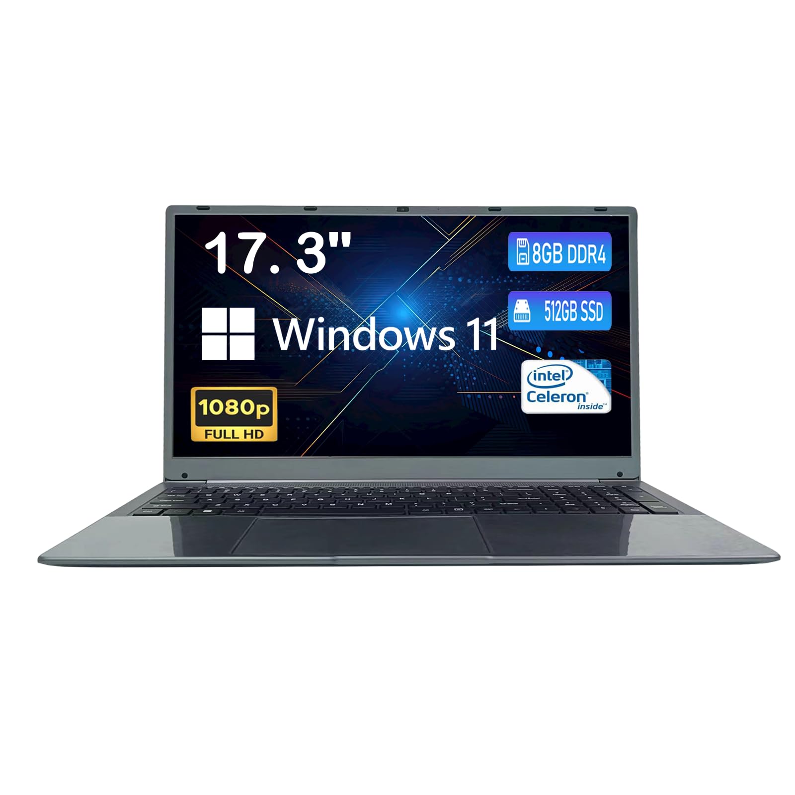 MTWZMM Laptop, 17.3 Inch Laptop, 8GB RAM 512 SSD, FHD 1920x1080 Display, Intel Celeron J4105(Up to 2.5GHz), Window 11, WiFi, Bluetooth 4.2, USB 3.0, Webcam, HDMI, for Students and Business