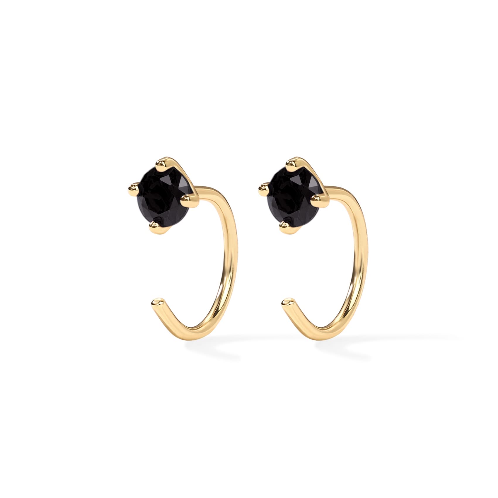 PAVOI 14K Yellow Gold 925 Sterling Silver Huggie Half Hoop Earrings for Women | Tiny Boho Black Cubic Zirconia Cartilage Earring