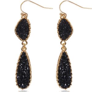 humble chic simulated druzy drop dangles - long double teardrop dangly earrings for women, gold - black stone