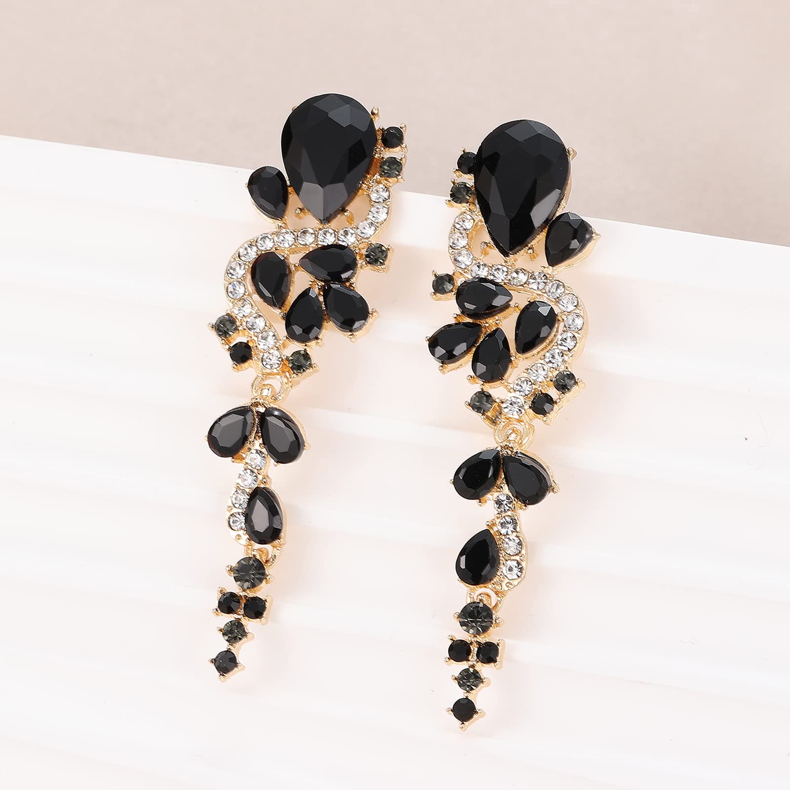 VANGETIMI Black Gold Fashion Rhinestone Statement Drop Dangle Earrings Long Multi Crystal Bridal Wedding Teardrop Chandelier Earrings for Women Pageant