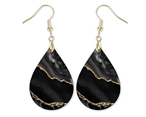 Black Earrings for Women Dangle Teardrop Trendy Boho Jewelry Gift for Her Handmade from The Painted Pug (Black and Gold)