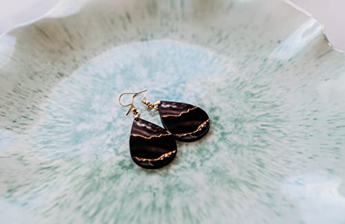 Black Earrings for Women Dangle Teardrop Trendy Boho Jewelry Gift for Her Handmade from The Painted Pug (Black and Gold)