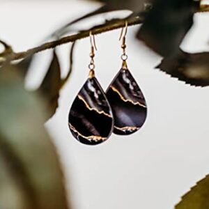 Black Earrings for Women Dangle Teardrop Trendy Boho Jewelry Gift for Her Handmade from The Painted Pug (Black and Gold)