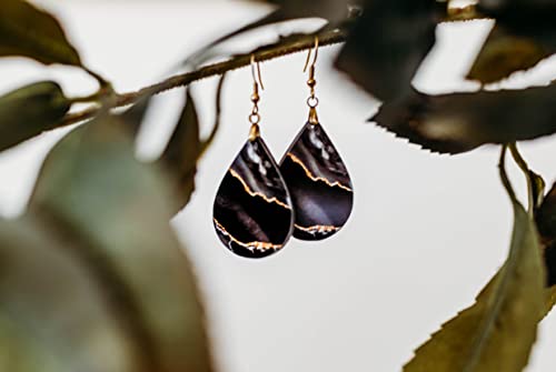 Black Earrings for Women Dangle Teardrop Trendy Boho Jewelry Gift for Her Handmade from The Painted Pug (Black and Gold)