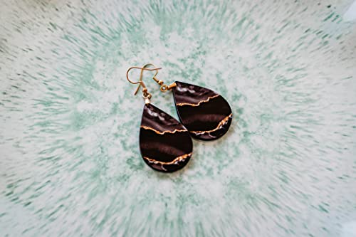 Black Earrings for Women Dangle Teardrop Trendy Boho Jewelry Gift for Her Handmade from The Painted Pug (Black and Gold)