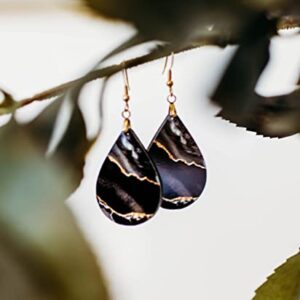 Black Earrings for Women Dangle Teardrop Trendy Boho Jewelry Gift for Her Handmade from The Painted Pug (Black and Gold)