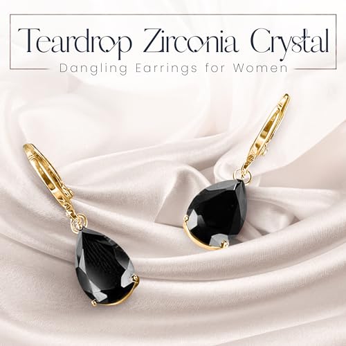 Crystalline Azuria Teardrops Wedding Dangle Earrings with Black Zirconia Crystals 18K Gold Plated for Women