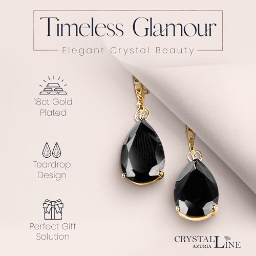 Crystalline Azuria Teardrops Wedding Dangle Earrings with Black Zirconia Crystals 18K Gold Plated for Women