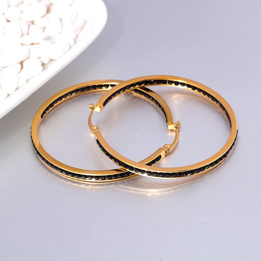 CiNily Gold Hoop Earrings for Women-14K Yellow Gold Plated Stainless Steel Earrings Black Cubic Zirconia Large Big Hoop Earrings 2"