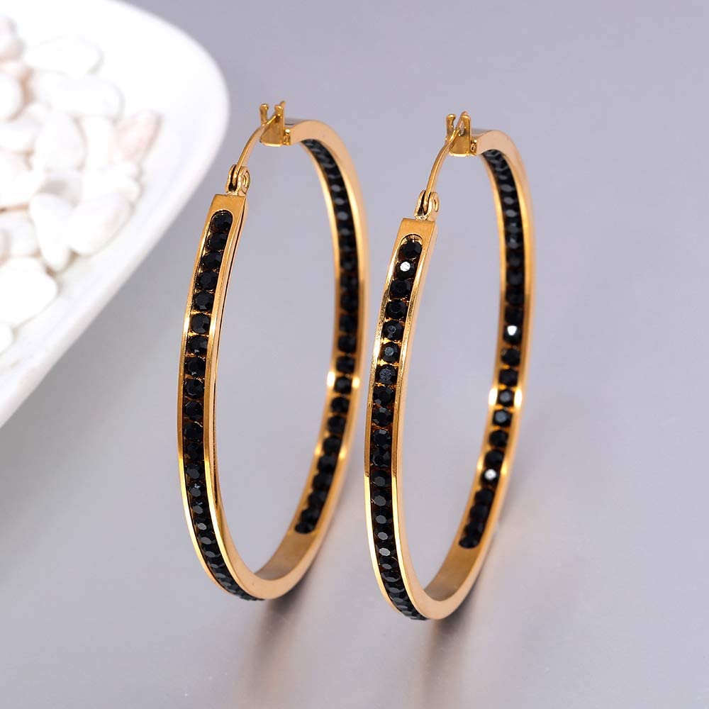 CiNily Gold Hoop Earrings for Women-14K Yellow Gold Plated Stainless Steel Earrings Black Cubic Zirconia Large Big Hoop Earrings 2"