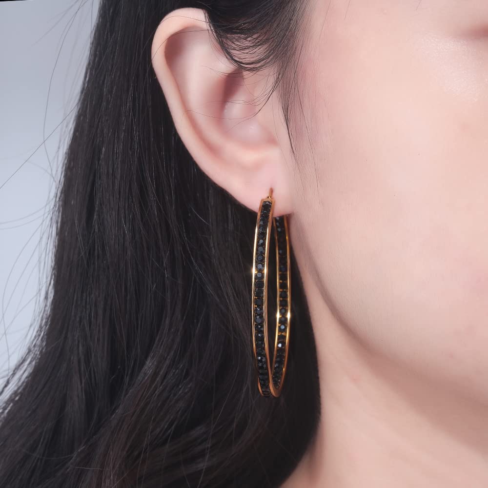 CiNily Gold Hoop Earrings for Women-14K Yellow Gold Plated Stainless Steel Earrings Black Cubic Zirconia Large Big Hoop Earrings 2"