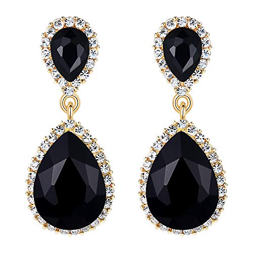 EVER FAITH Women's Austrian Crystal Wedding Tear Drop Dangle Earrings Black Gold-Tone