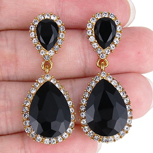 EVER FAITH Women's Austrian Crystal Wedding Tear Drop Dangle Earrings Black Gold-Tone