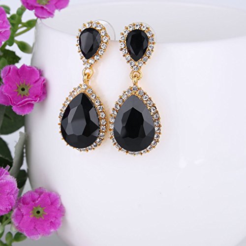 EVER FAITH Women's Austrian Crystal Wedding Tear Drop Dangle Earrings Black Gold-Tone