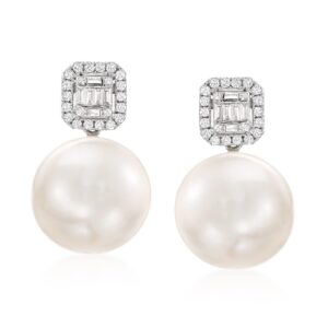 ross-simons 12-14mm cultured pearl and .42 ct. t.w. diamond earrings in 18kt white gold