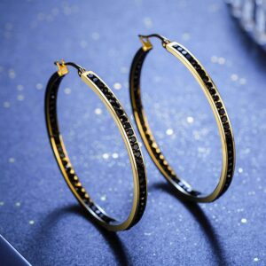 weinuo 2 Inch Stunning Gold Plated Stainless Steel Black Cubic Zirconia Hoop Earring for Women Hypoallergenic Jewelry for Sensitive Ears Large Big Hoop Earrings 50MM