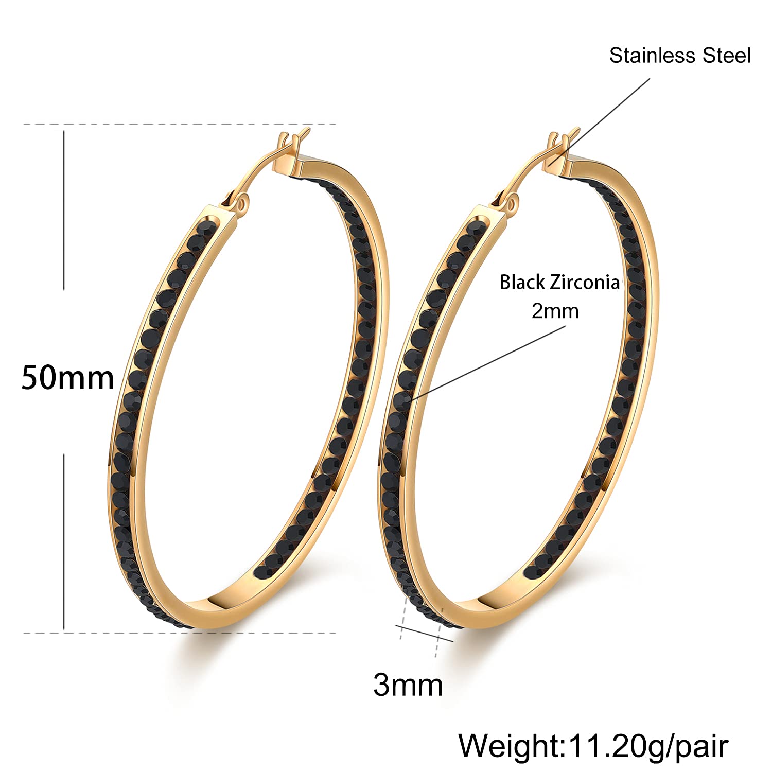 weinuo 2 Inch Stunning Gold Plated Stainless Steel Black Cubic Zirconia Hoop Earring for Women Hypoallergenic Jewelry for Sensitive Ears Large Big Hoop Earrings 50MM