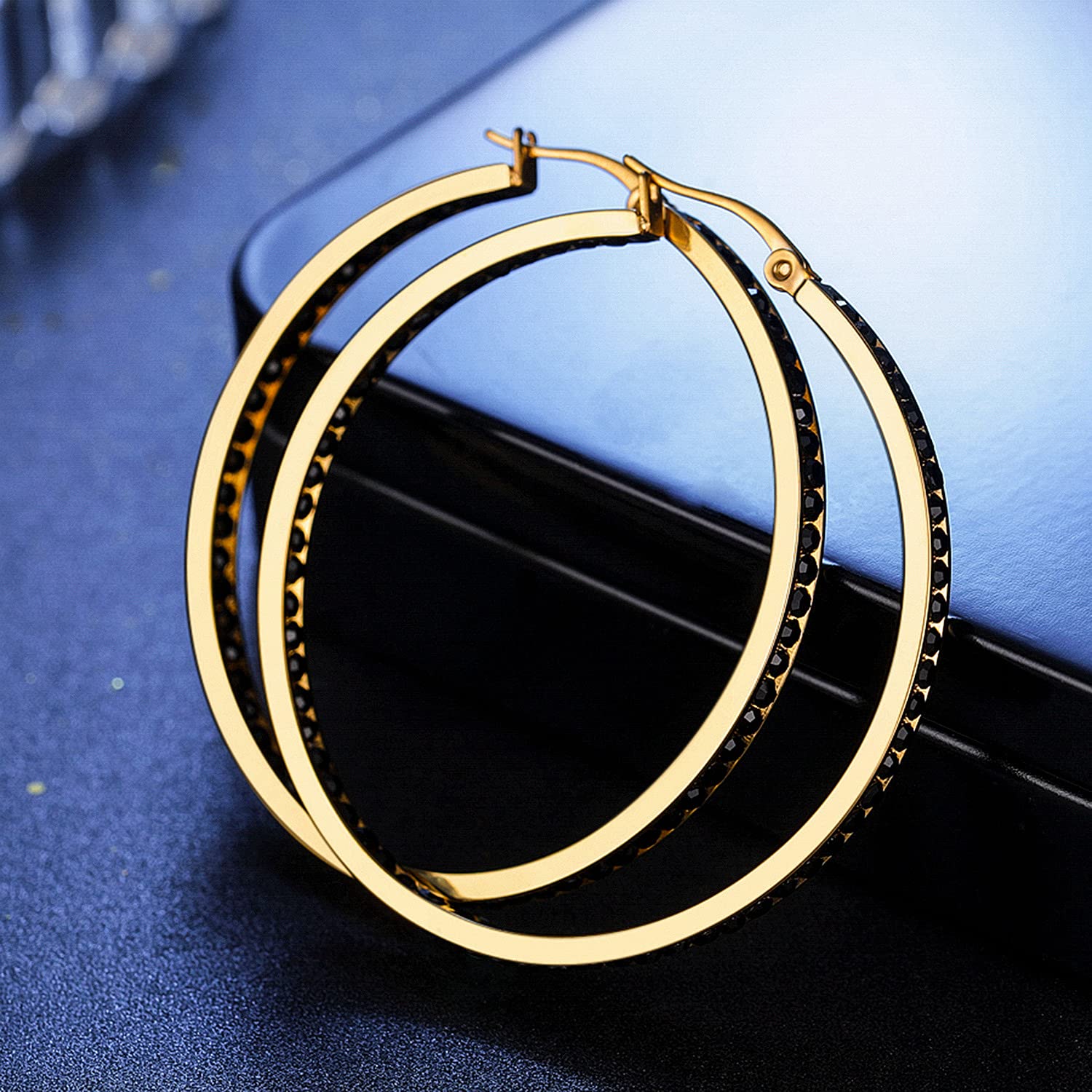 weinuo 2 Inch Stunning Gold Plated Stainless Steel Black Cubic Zirconia Hoop Earring for Women Hypoallergenic Jewelry for Sensitive Ears Large Big Hoop Earrings 50MM