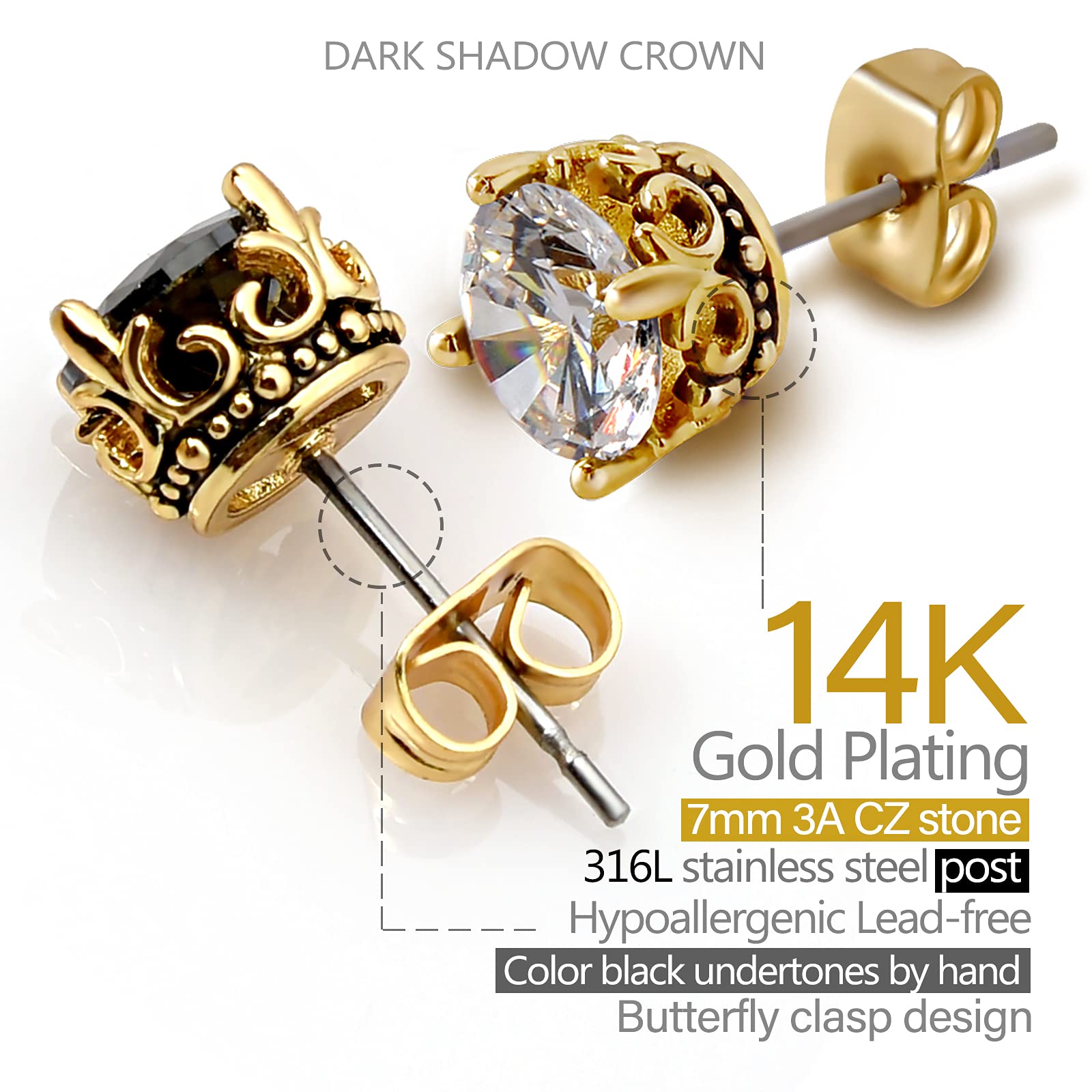 Crown Earrings Gold Earrings for Men Black and Gold Stud Earrings for Women Stainless Steel Stud Earrings Men