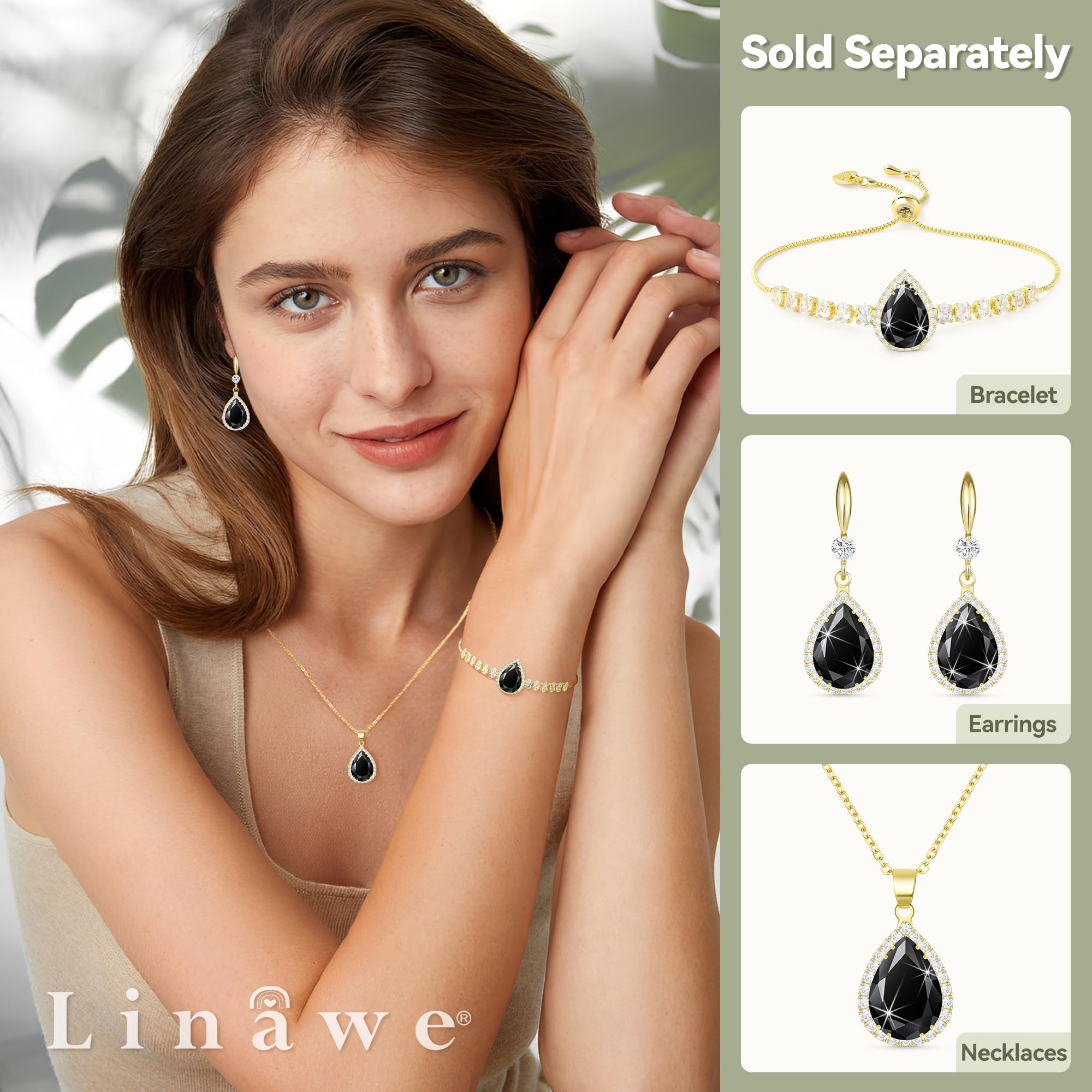 Linawe 14K Gold Black Dangle Earrings for Women Trendy, Diamond Drop Chandelier Rhinestone Cubic Zirconia Crystal Earrings Dangling, Teardrop Birthstone Dangly Earrings