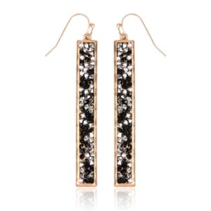 glitter rhinestone statement drop earrings - sparkly crystal geometric metal hook dangles vertical bar, elongated teardrop, shield disc (encrusted jewel - long bar black/gold)