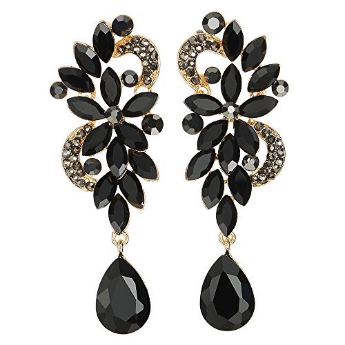 LARGE AND LONG Art Deco Black Rhinestone Crystal Cluster Chandelier Floral Teardrop Dangle Statement Earrings